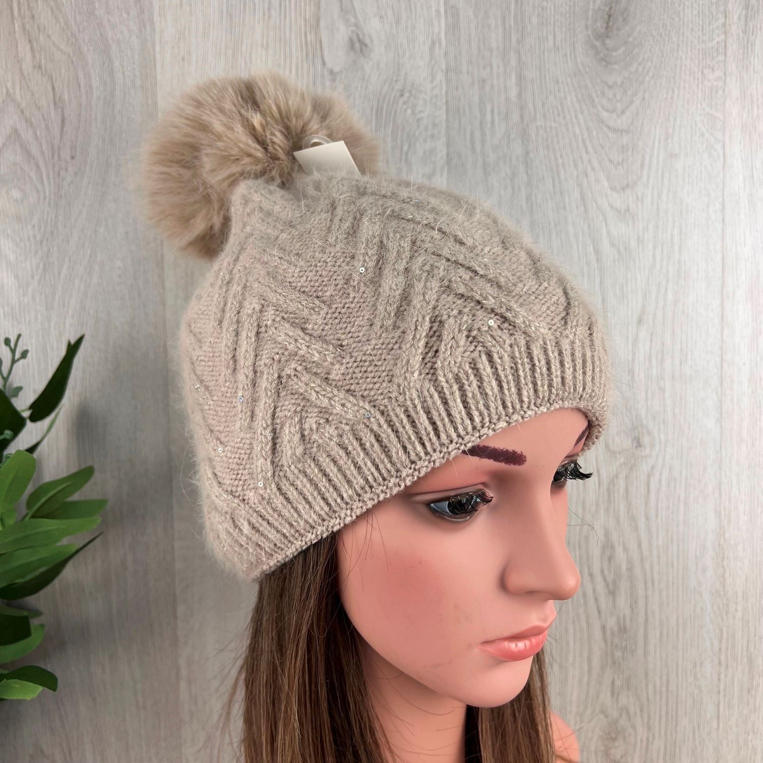 Beige Pom-Pom Knitted Neutral Hat With Glitter Fleck – Truly Fare ...